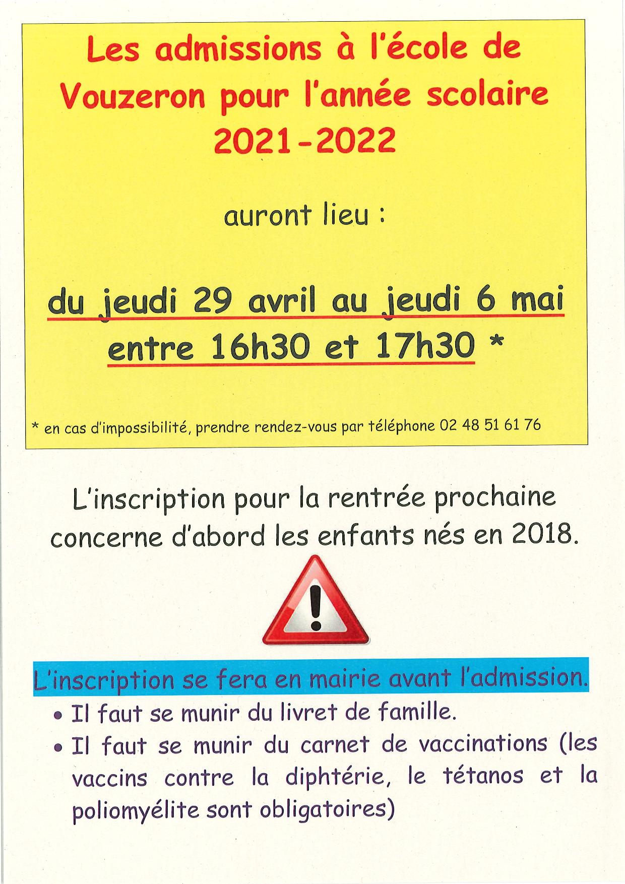 Admissions à l’école de Vouzeron pour l’année scolaire 2021-2022 – Le ...