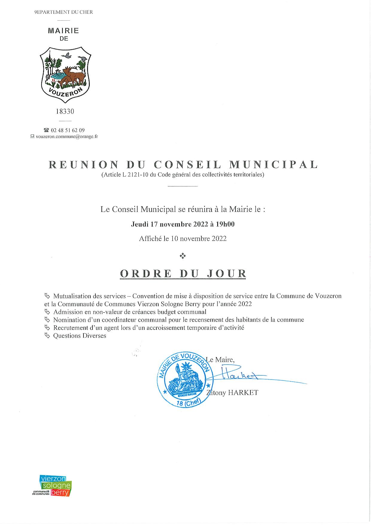 Ordre du jour du conseil municipal du 17 novembre 2022 – Le village de ...