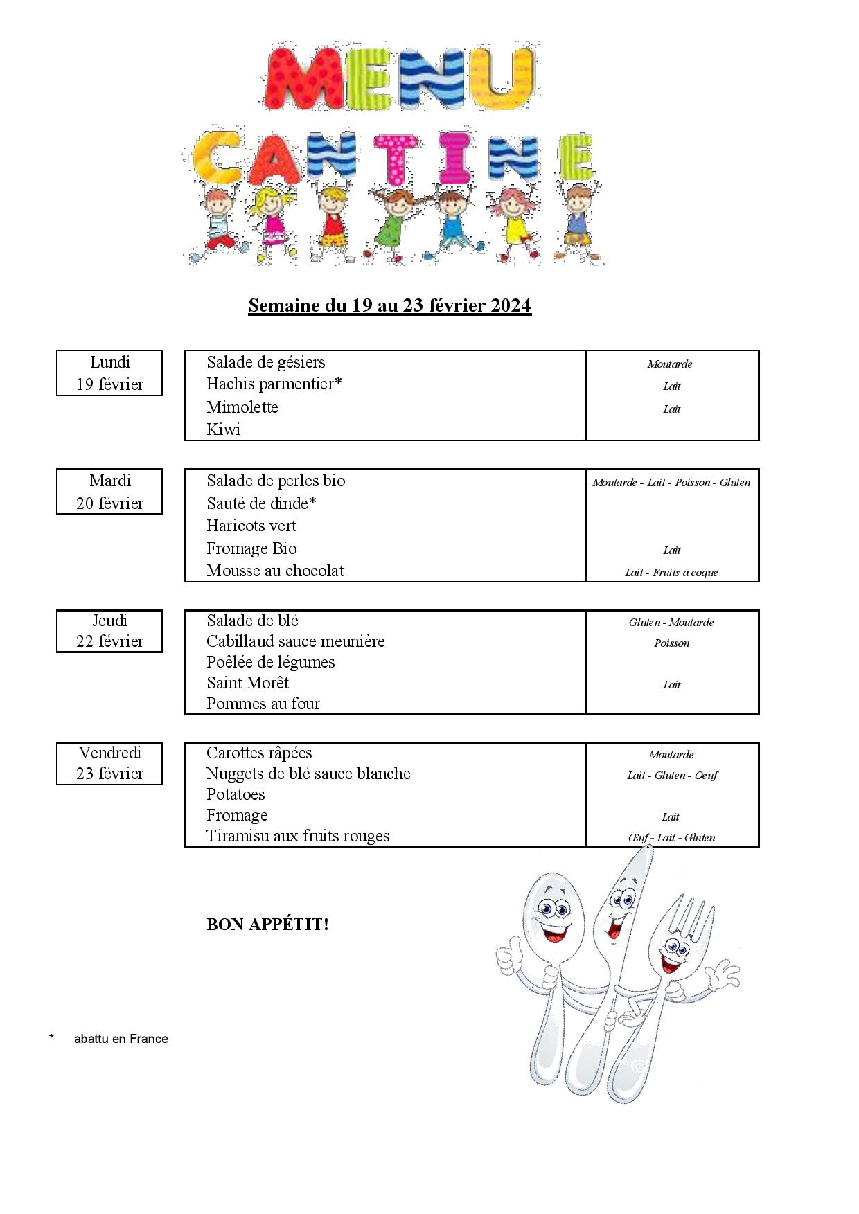 Menu de la cantine scolaire du 19 au 23 février – Le village de VOUZERON