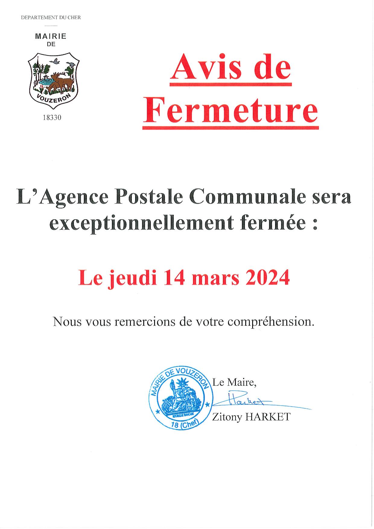 Fermeture APC le 14 mars – Le village de VOUZERON