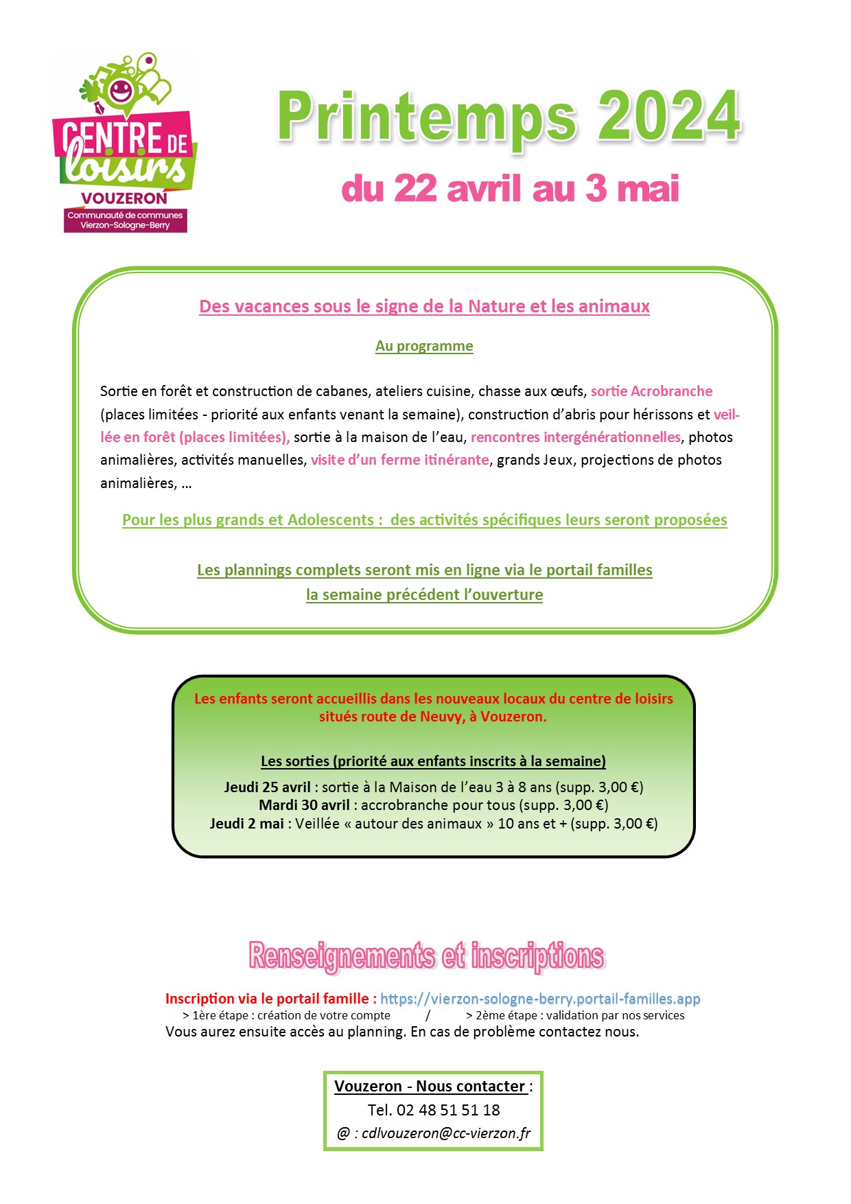 Centre de loisirs programmation Printemps 2024 – Le village de VOUZERON