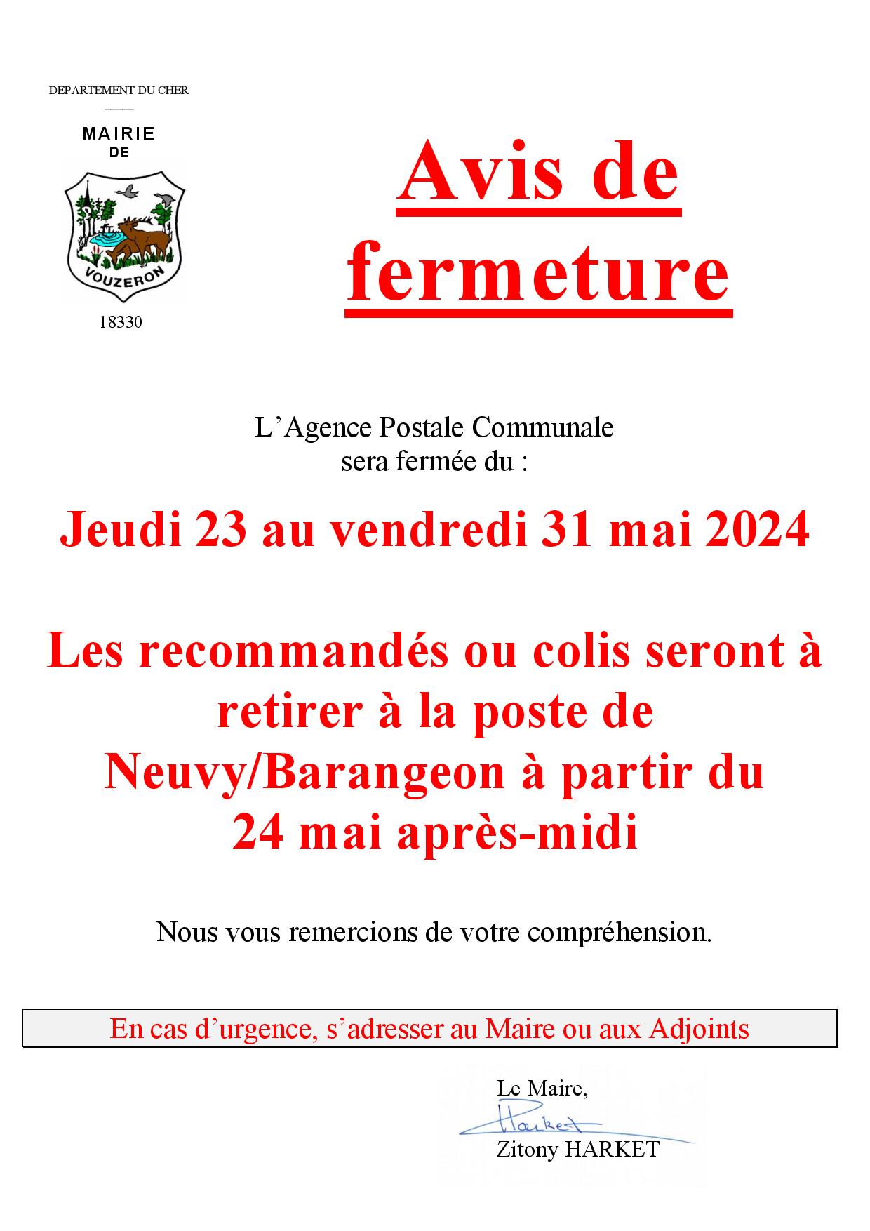 Avis de fermeture Agence Postale Communale – Le village de VOUZERON