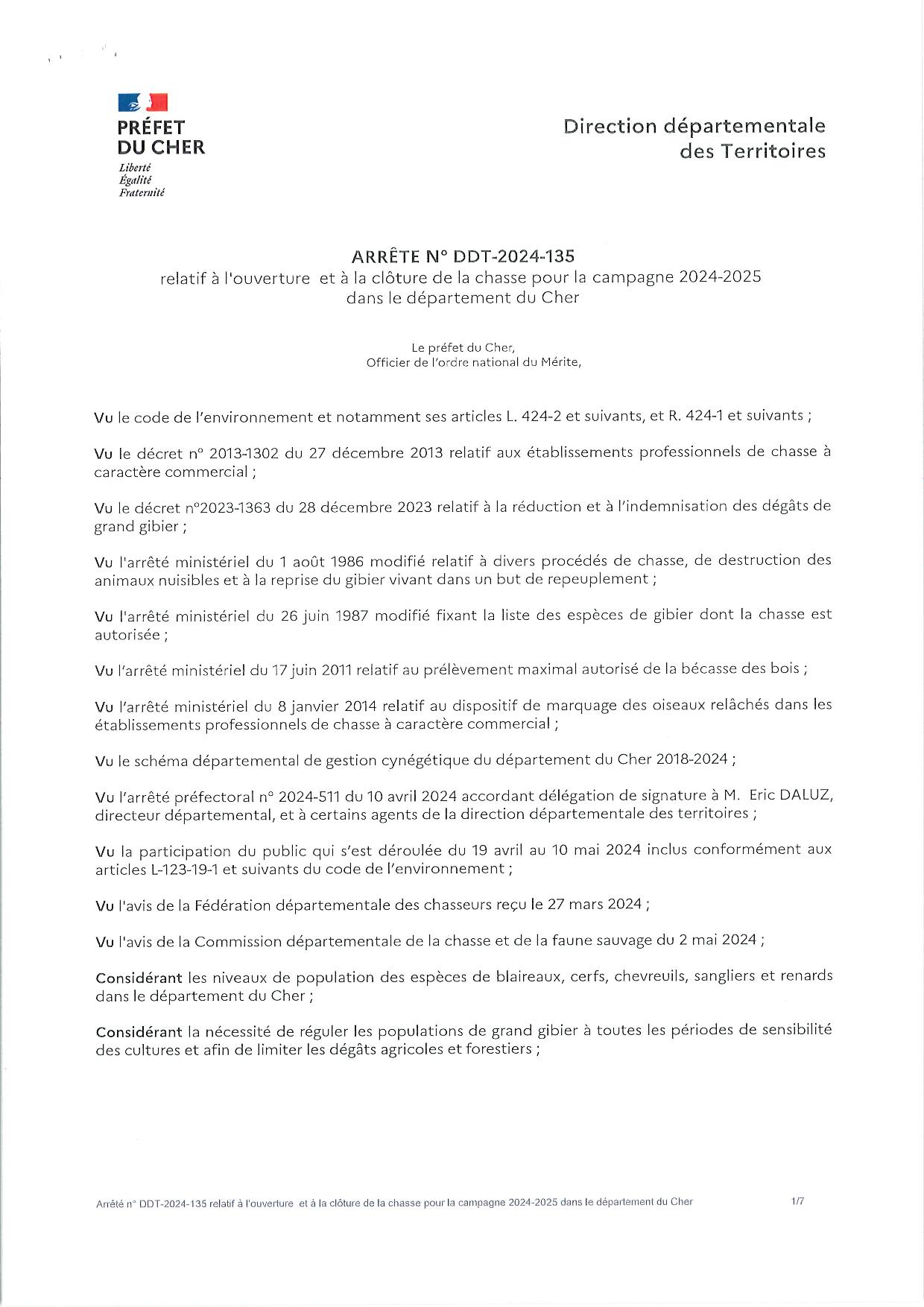 Arrêté relatif à l’ouverture et à la clôture de la chasse pour la ...