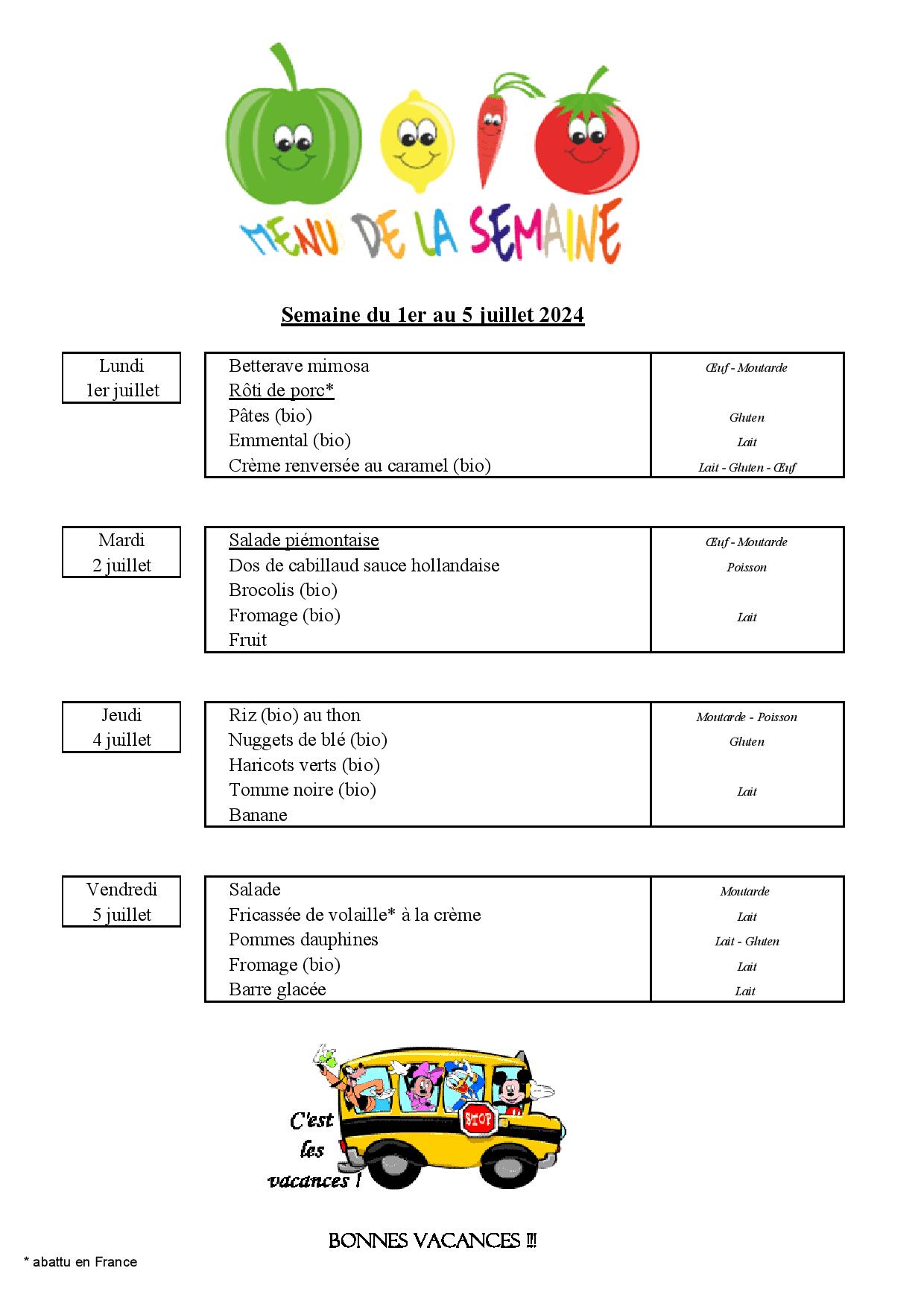 Menu de la cantine scolaire du 1er au 5 juillet 2024 – Le village de ...