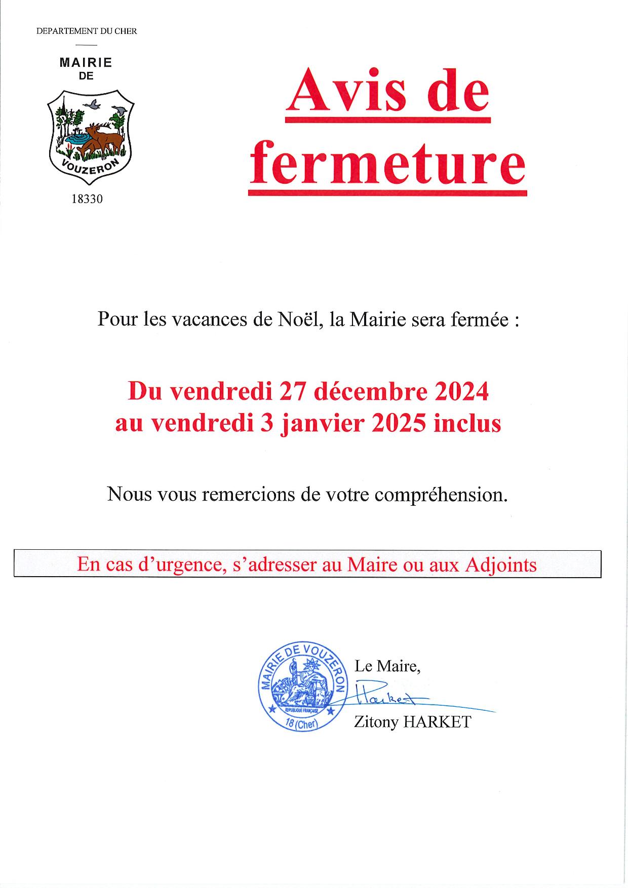 Fermeture Mairie pendant les vacances de Noël – Le village de VOUZERON