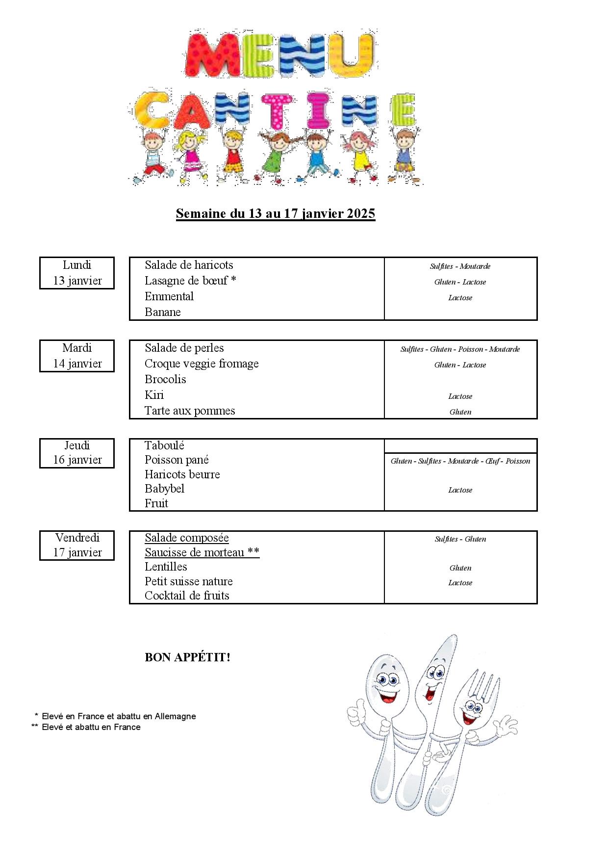 Menu de la cantine scolaire du 13 au 17 janvier 2025 – Le village de ...