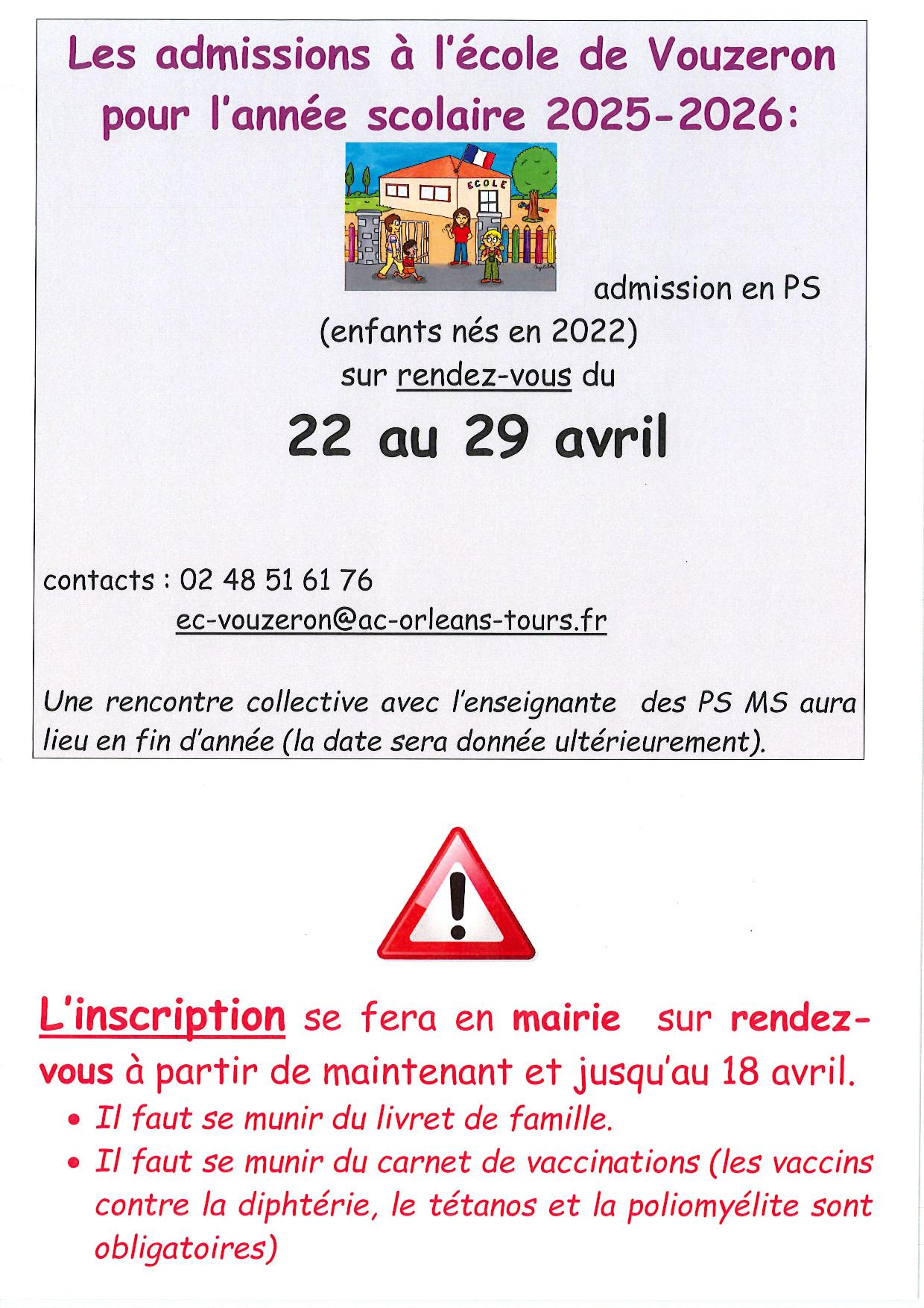 Inscription pour la rentrée scolaire 2025 2026 – Le village de VOUZERON