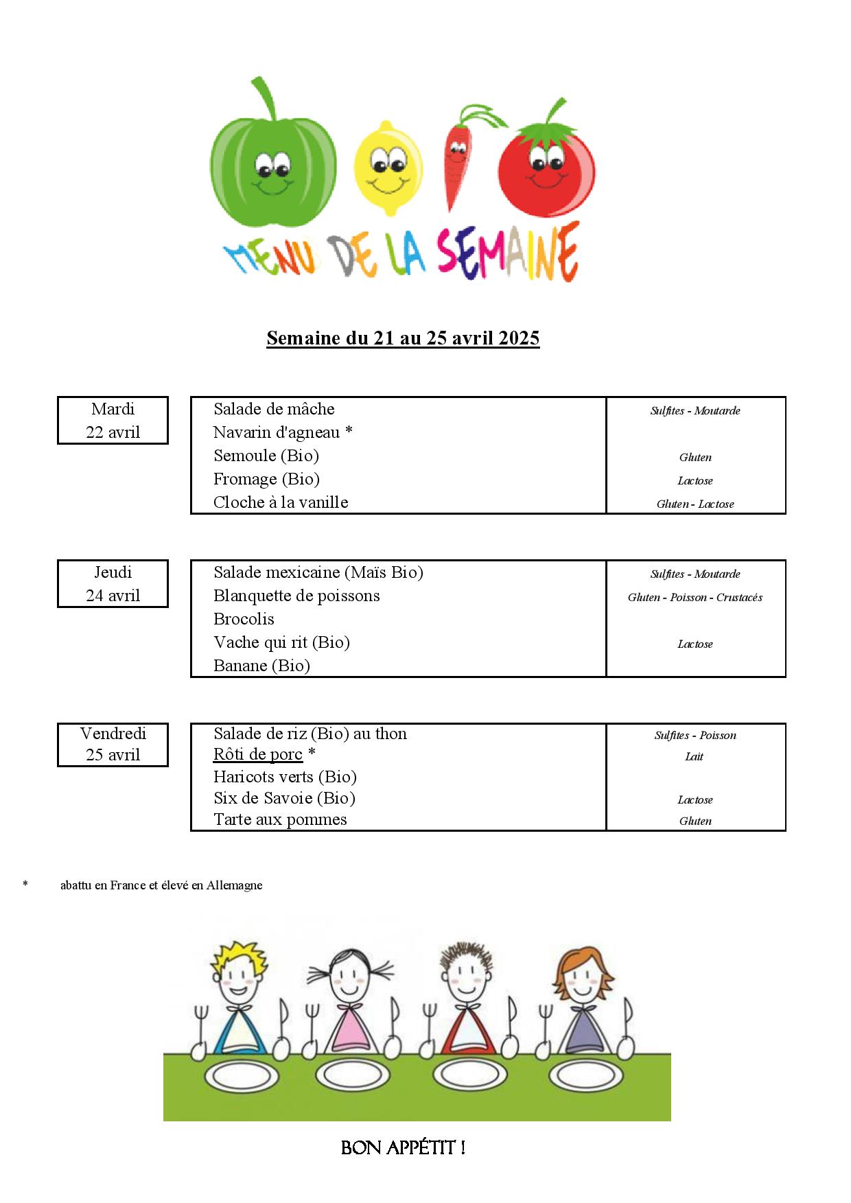 Menu de la cantine scolaire du 21 au 25 avril 2025 – Le village de VOUZERON