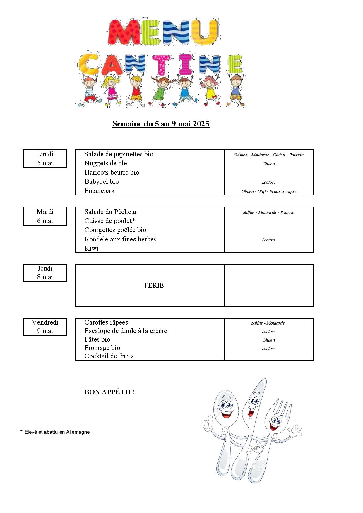 Menu de la cantine scolaire du 5 au 9 mai – Le village de VOUZERON