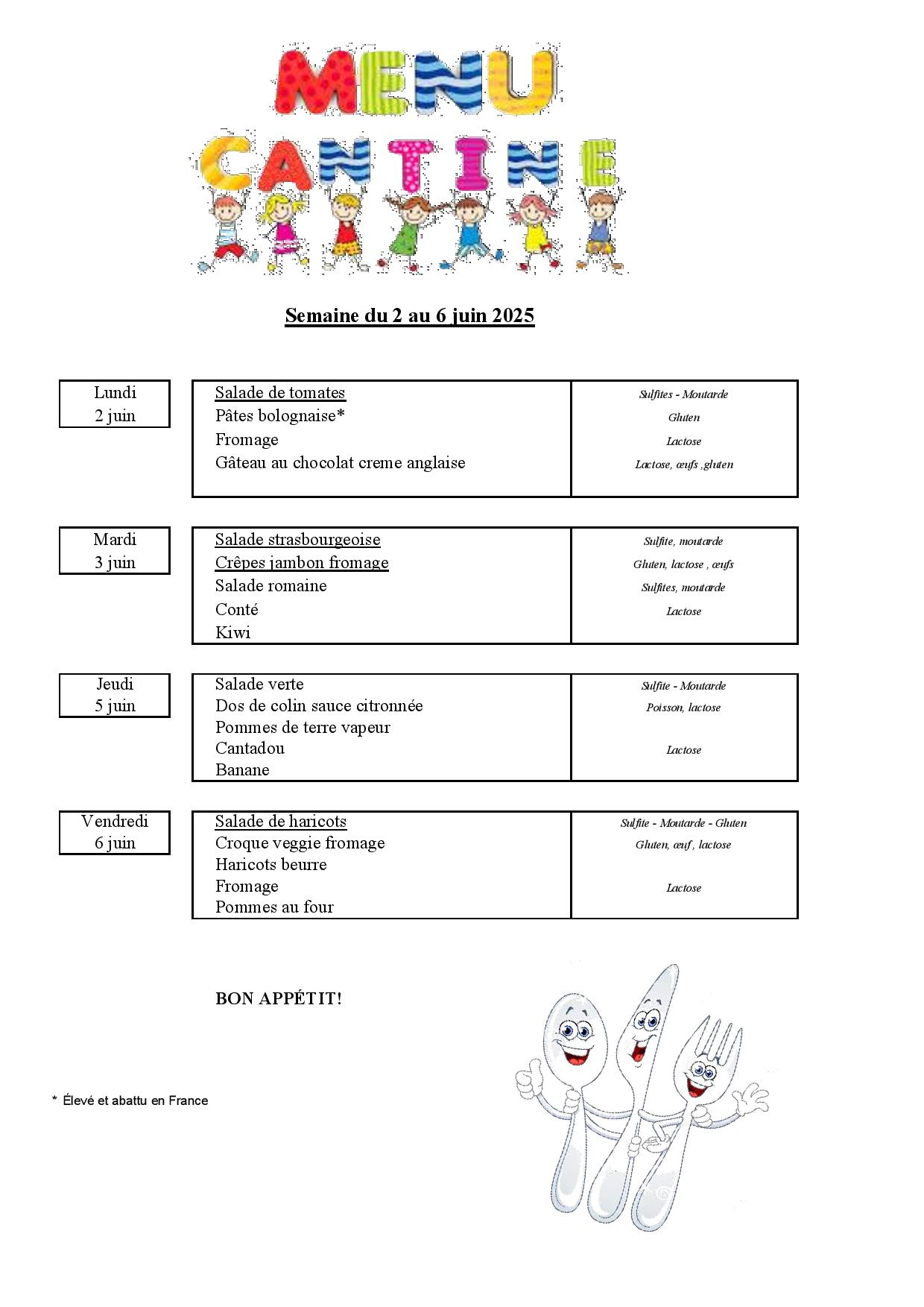Menu de la cantine scolaire du 2 au 6 mai – Le village de VOUZERON