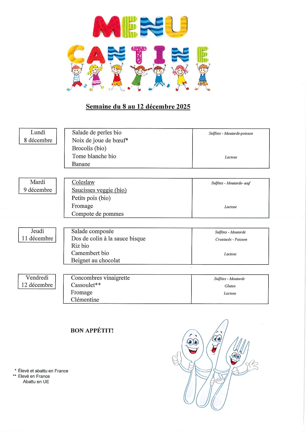 Menu de la cantine scolaire du 8 au 12 décembre – Le village de VOUZERON